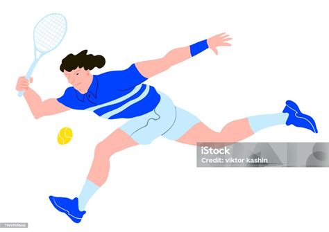 테니스 선수 테니스 스포츠맨 플랫 스타일입니다 블루 셔츠와 흰색 반바지는 공을 뒤에 실행 됩니다 전단지 배너 스포츠 이벤트 포장 스포츠 상품에 사용 됩니다 벡터 일러스트