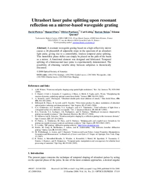 Pdf Ultrashort Laser Pulse Splitting Upon Resonant Reflection On A Mirror Based Waveguide Grating