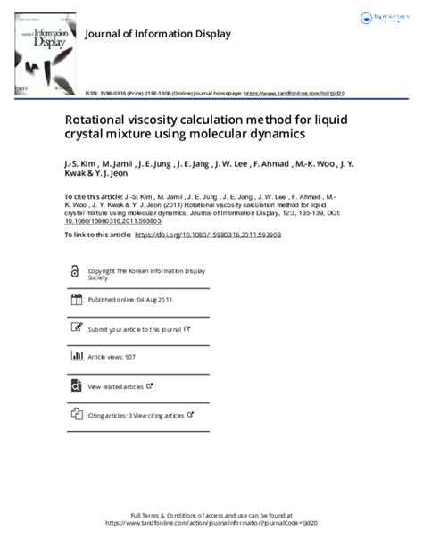 Pdf Rotational Viscosity Calculation Method For Liquid Crystal Mixture Using Molecular Dynamics
