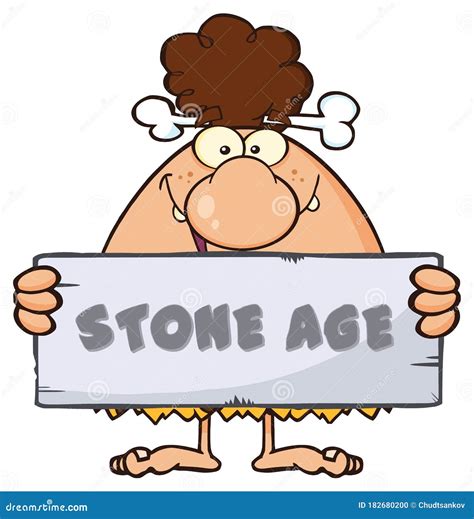 Funny Brunette Cave Woman Cartoon Mascot Character Holding A Stone Sign