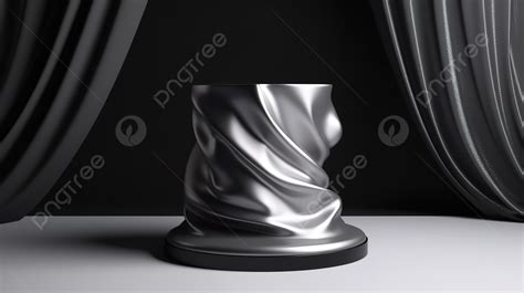 검은 커튼을 배경으로 은색 3d 꽃병 연단 은색 물결 모양 천 밝은 배경 검정색 받침대 및 무지개 빛깔의 직물을 조롱하는 3d 고화질 사진 사진 배경 일러스트 및 사진