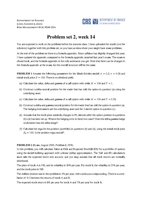problem set 2 1 department of finance linda sandris larsen risk