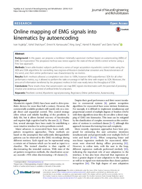 Pdf Online Mapping Of Emg Signals Into Kinematics By Autoencoding