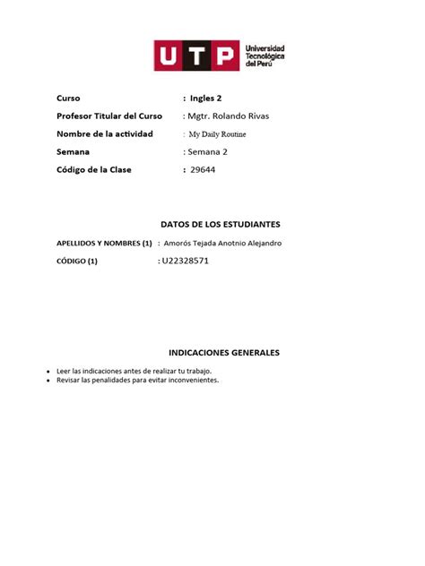 Week 2 Task Assignment My Daily Routine Pdf