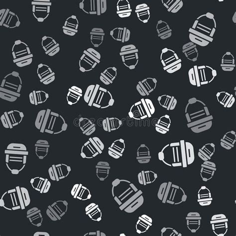 Grey Hockey Helmet Icon Isolated Seamless Pattern On Black Background