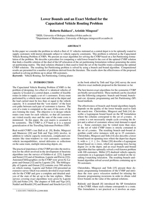 Pdf Lower Bounds And An Exact Method For The Capacitated Vehicle Routing Problem