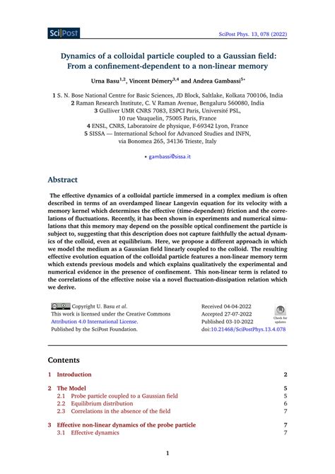 Pdf Dynamics Of A Colloidal Particle Coupled To A Gaussian Field From A Confinement Dependent