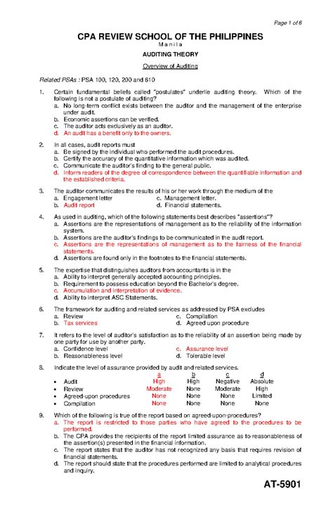 Auditing Reviewer Lecture Notes 1 Chapter 1 Review Questions Theoretical Audit Is A