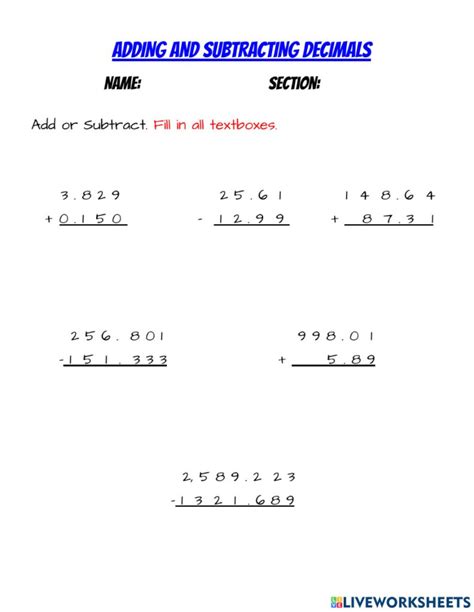 Addition And Subtraction Of Decimals Worksheets 5th Grade