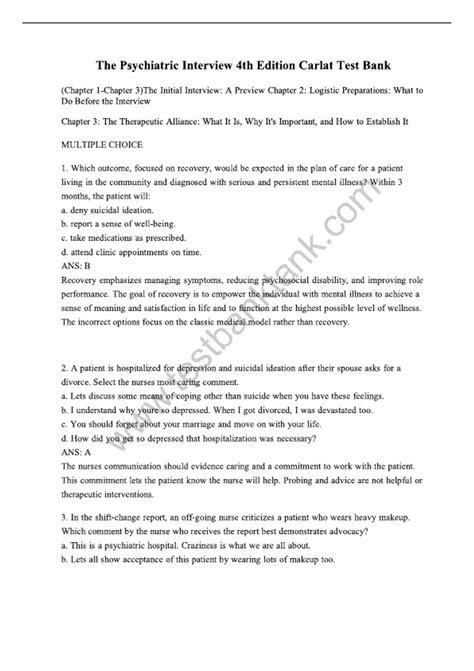 Test Bank For The Psychiatric Interview 4th Edition By Daniel Carlat All Chapters Complete