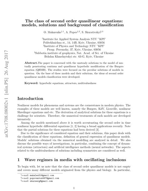 Pdf The Class Of Second Order Quasilinear Equations Models Solutions And Background Of