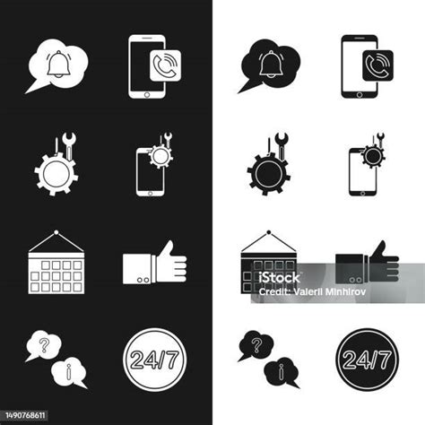 모바일 서비스 기어의 렌치 및 드라이버 말풍선 채팅 알림 전화 통화 캘린더 손 엄지 손가락 위로 시계 24 시간 및 질문 느낌표 아이콘을 설정합니다 벡터 24에 대한 스톡