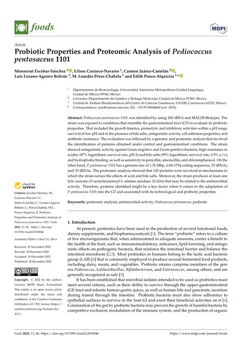 Pdf Probiotic Properties And Proteomic Analysis Of Pediococcus Pentosaceus 1101