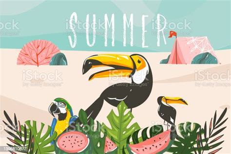 손으로 그린 벡터 스톡 열대 조류와 나뭇잎이있는 추상 그래픽 일러스트레이션 바다 해변 풍경의 캠프 텐트 및 푸른 배경에 고립 된 여름 타이포그래피 가정 생활에 대한 스톡