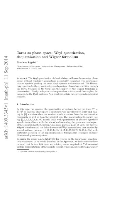 Pdf Torus As Phase Space Weyl Quantization Dequantization And Wigner Formalism