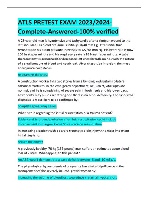 Atls Pretest Exam 2023 2024 Complete 40 Questions Answered 100 Verified Atls Stuvia Us