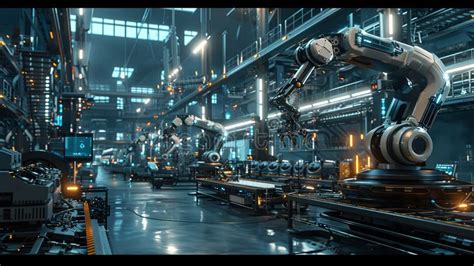 A Futuristic High Tech Manufacturing Plant With Robotic Arms Automated Systems And Ai