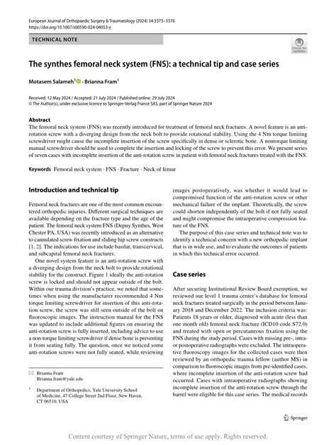 The Synthes Femoral Neck System FNS A Technical Tip And Case Series Request PDF