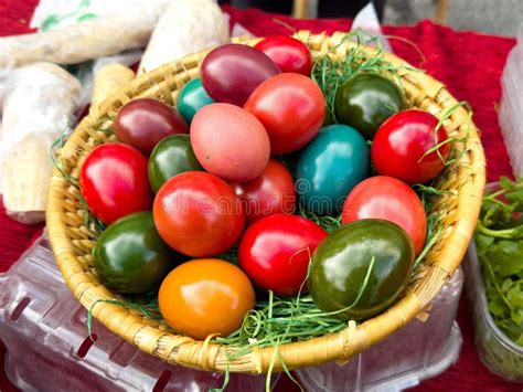 Colorful Assorted Eggs In Woven Basket On Red Fabric Background Stock Illustration