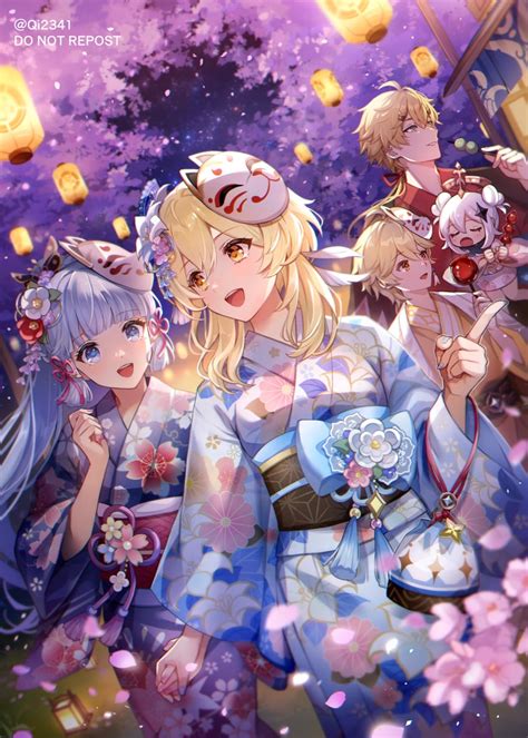 Lumine Aether Paimon Kamisato Ayaka And Thoma Genshin Impact