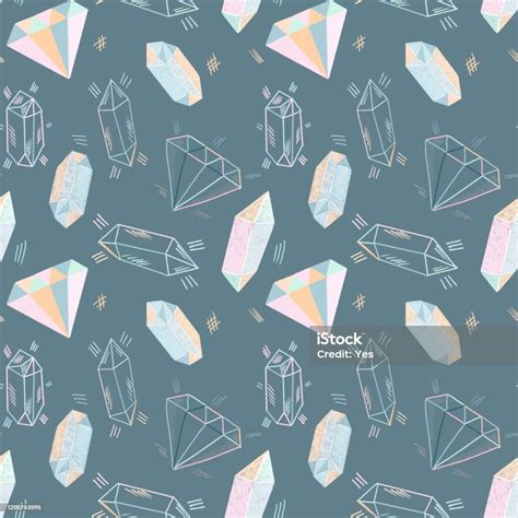 어두운 파란색 배경에 파스텔 색상의 손으로 그린 크리스탈이있는 원활한 패턴 0명에 대한 스톡 벡터 아트 및 기타 이미지 0명 결정체 공주 Istock