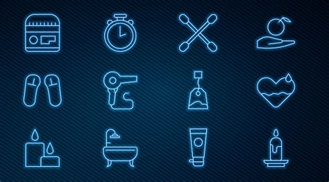 세트 라인 불타는 촛불 심장 치유 귀용 면봉 헤어드라이어 슬리퍼 크림 로션 화장품 튜브 티백 및 스톱워치 아이콘 벡터 가방에 대한 스톡 벡터 아트 및 기타 이미지 Istock