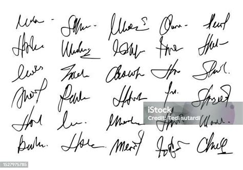 흰색 바탕에 문서에 대 한 수동 서명입니다 손으로 그린 서 예 문자 벡터 일러스트 레이 션 Eps10 서명 필기에 대한 스톡