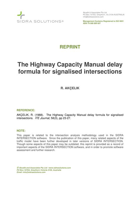 Pdf The Highway Capacity Manual Delay Formula For Signalized Intersections