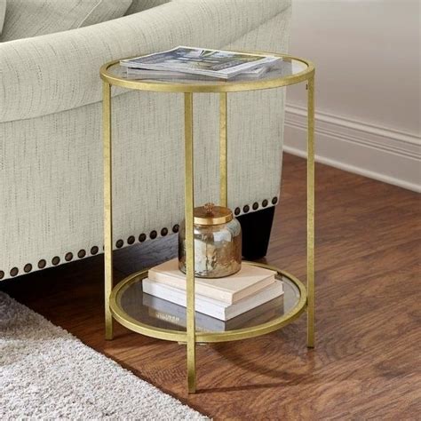 Round Side Table Slender Gold Leaf Finish Two Tier Glass Foter