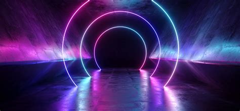 네온 원형 레이저 빛나는 사이버 과학 Fi 미래의 현대 Retro 안녕 기술 댄스 클럽 어두운 그런 지 반사 콘크리트 터널 복도