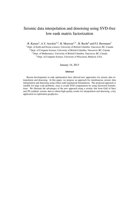 pdf seismic data interpolation and denoising using svd free low rank
