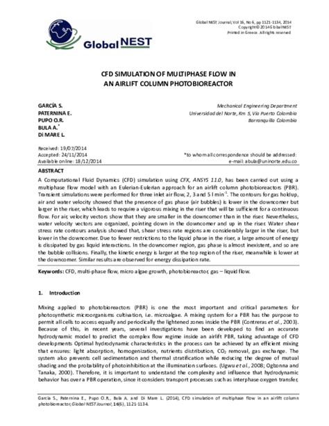Pdf Cfd Simulation Of Multiphase Flow In An Airlift Column Photobioreactor For The Cultivation