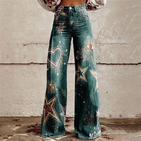 Plus Size Jeans For Curvy Women Wide Leg Pants Woman High Waist Floral Patterned Pants