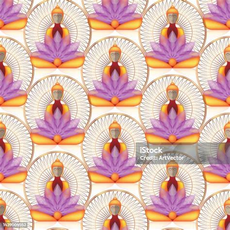 금 만다라와 연꽃 위에 매끄러운 앉아있는 부처님 난해한 벡터 그림입니다 빈티지 장식 문화 배경입니다 인도 불교 영적 예술 황금