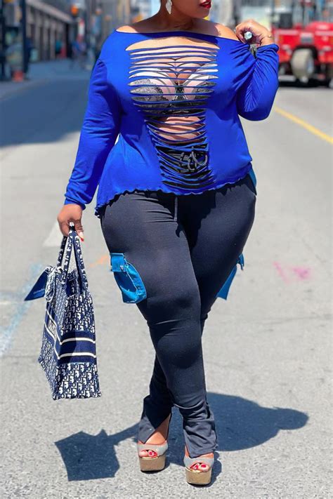 Wholesale Blue Sexy Solid Ripped Off The Shoulder Plus Size Tops K Online