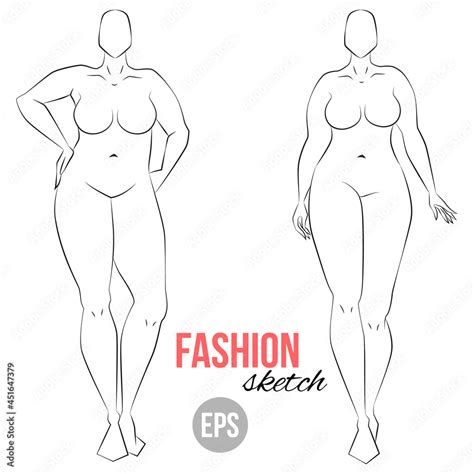 Plus Size Model Curvy Body Womans Figure Sketch Different Poses Template For Drawing