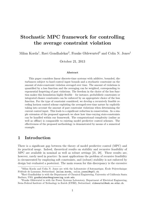 Pdf Stochastic Mpc Framework For Controlling The Average Constraint Violation