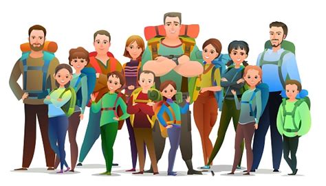 남자 여자 및 어린이 관광 배낭 여행자 그의 등에 배낭 쾌활한 사람 서있는 포즈 만화 만화 스타일의 평면 디자인 단일 문자 고립된 그림 벡터 가방에 대한 스톡 벡터 아트 및