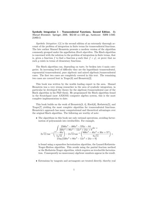 pdf symbolic integration i transcendental functions by manuel bronstein