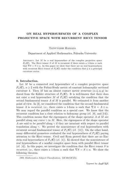 Pdf On Real Hypersurfaces Of A Complex Projective Space With Recurrent Ricci Tensor