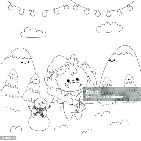 크리스마스 화환이있는 귀여운 윤곽선 토끼 성인과 어린이를위한 스트레스 방지 색칠 공부 책 검은색에 대한 스톡 벡터 아트 및 기타 이미지 검은색 겨울 계절 Istock