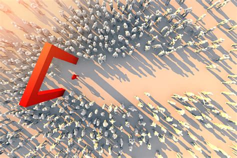 군중의 3d 렌더링 사람들이 흰색 바닥에 빨간 문 주위를 걷는 다각형 사람들과 빨간 프레임 게이트 성공적인 리더십 아이디어 개념에 걸어 3차원 형태에 대한 스톡 사진 및