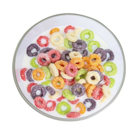 Fruity Loops Cereal Rings Breakfast With Milk Isolated On The White