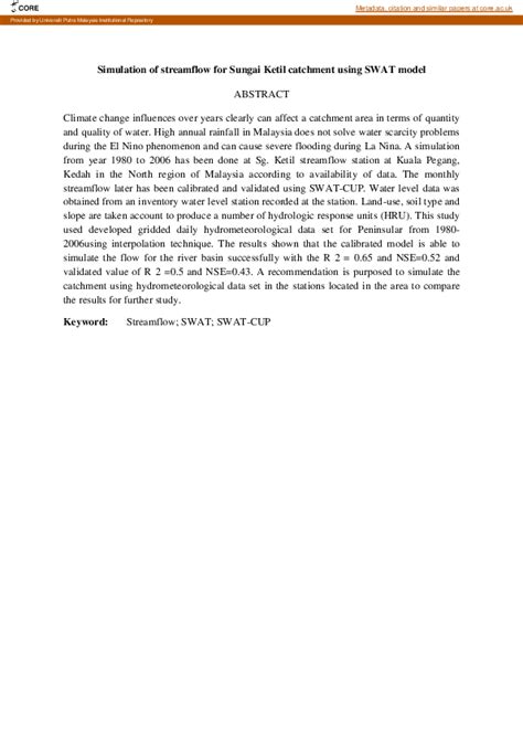 Pdf Simulation Of Streamflow For Sungai Ketil Catchment Using Swat Model