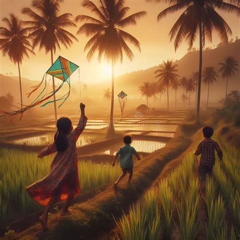 изображение деревенских детей летающих на воздушном змее вокруг своего поля риса Иллюстрация