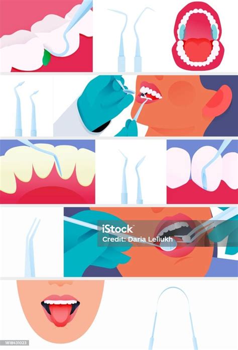 치과 구강 도구 일러스트레이션 세트 잘린 흰 치아 혀로 입을 크게 벌립니다 잘린 여성의 얼굴 하얀 치아 입을 벌리고 있습니다 혀를 보여주는 얼굴 현대 평면 벡터 일러스트