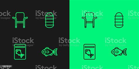 세트 라인 물고기 접시에 생선 제공 캠핑 접이식 의자와 낚시 그물 아이콘 벡터 가구에 대한 스톡 벡터 아트 및 기타 이미지 가구 건강한 생활방식 검은색 Istock