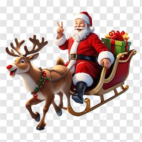 선물로 가득 찬 자루를 들고 썰매를 타거나 눈 덮인 배경 순록 앞에서 활짝 웃으며 손을 흔드는 명랑한 산타클로스 크리스마스 썰매 메리 크리스마스 산타 클로스 Png