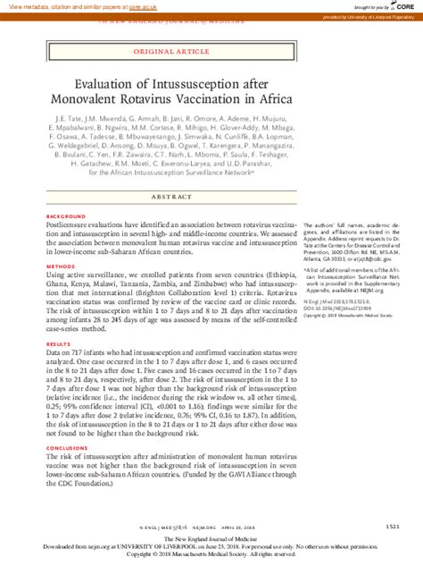 Pdf Evaluation Of Intussusception After Monovalent Rotavirus Vaccination In Africa