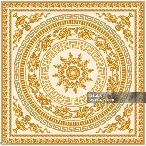 Printbaroque 두루마리 로제트 황금 그리스 키 패턴 프리즈 구불구불한 원 테두리 꽃 조각 프레임 베이지 색 배경에 포도